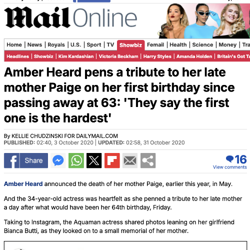 oct 2, 2020 - DAILY MAIL Amber Heard pens a tribute to her late mother ...