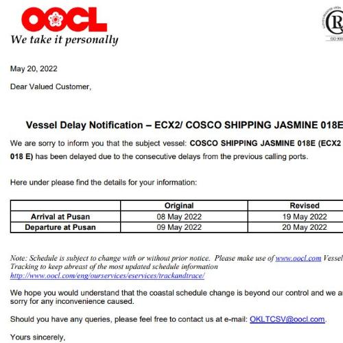 may 20, 2022 - Vessel Delay Letter (Timeline)